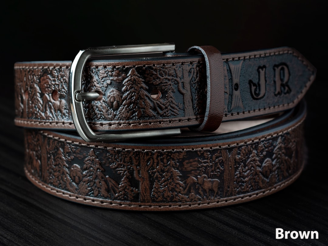 Personalized Leather Belt, Hiking Belt, Woodland Leather Belt, Tooled ...
