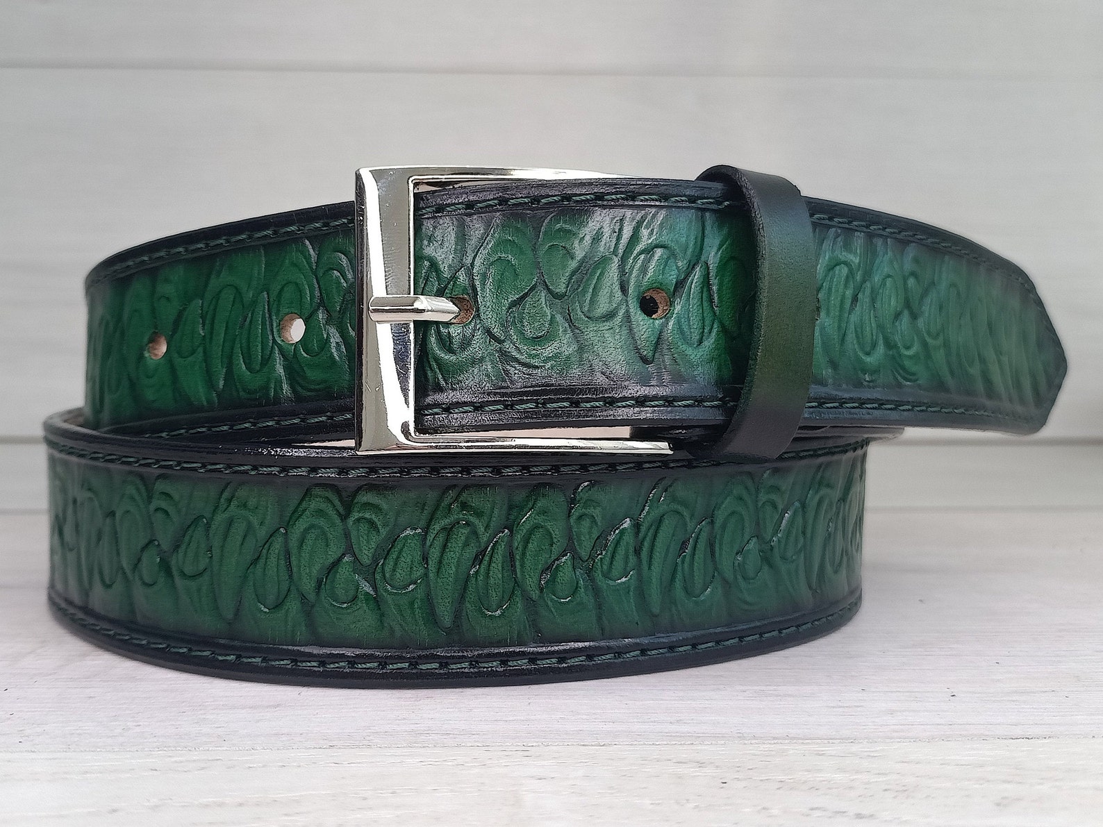 Gradient green leather belt mens belt embossed belt belt | Etsy