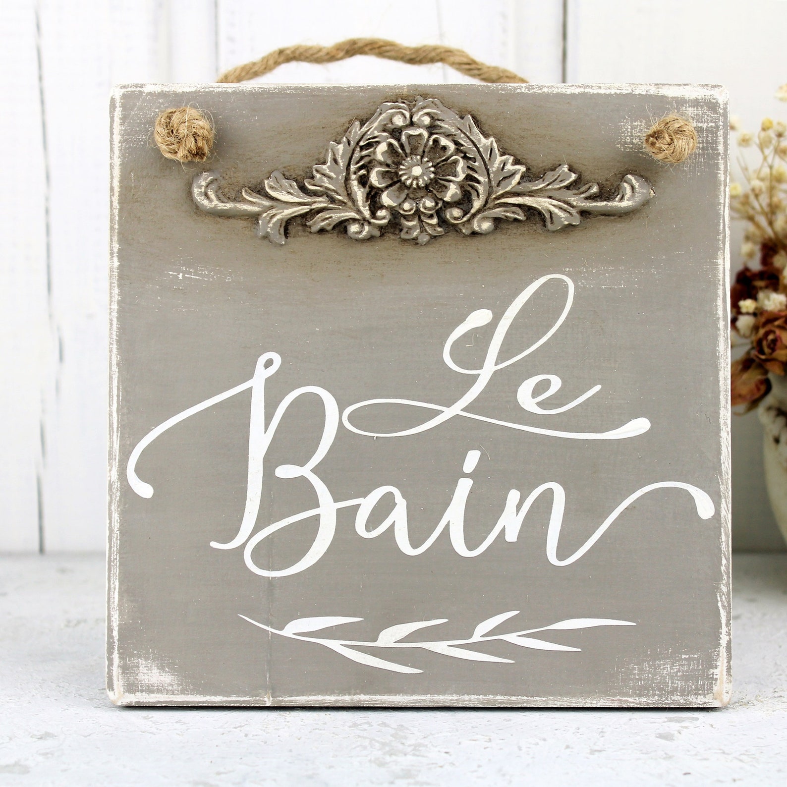 French Bathroom Le Bain Sign, Vintage Farmhouse Wall Decor, Rustic ...