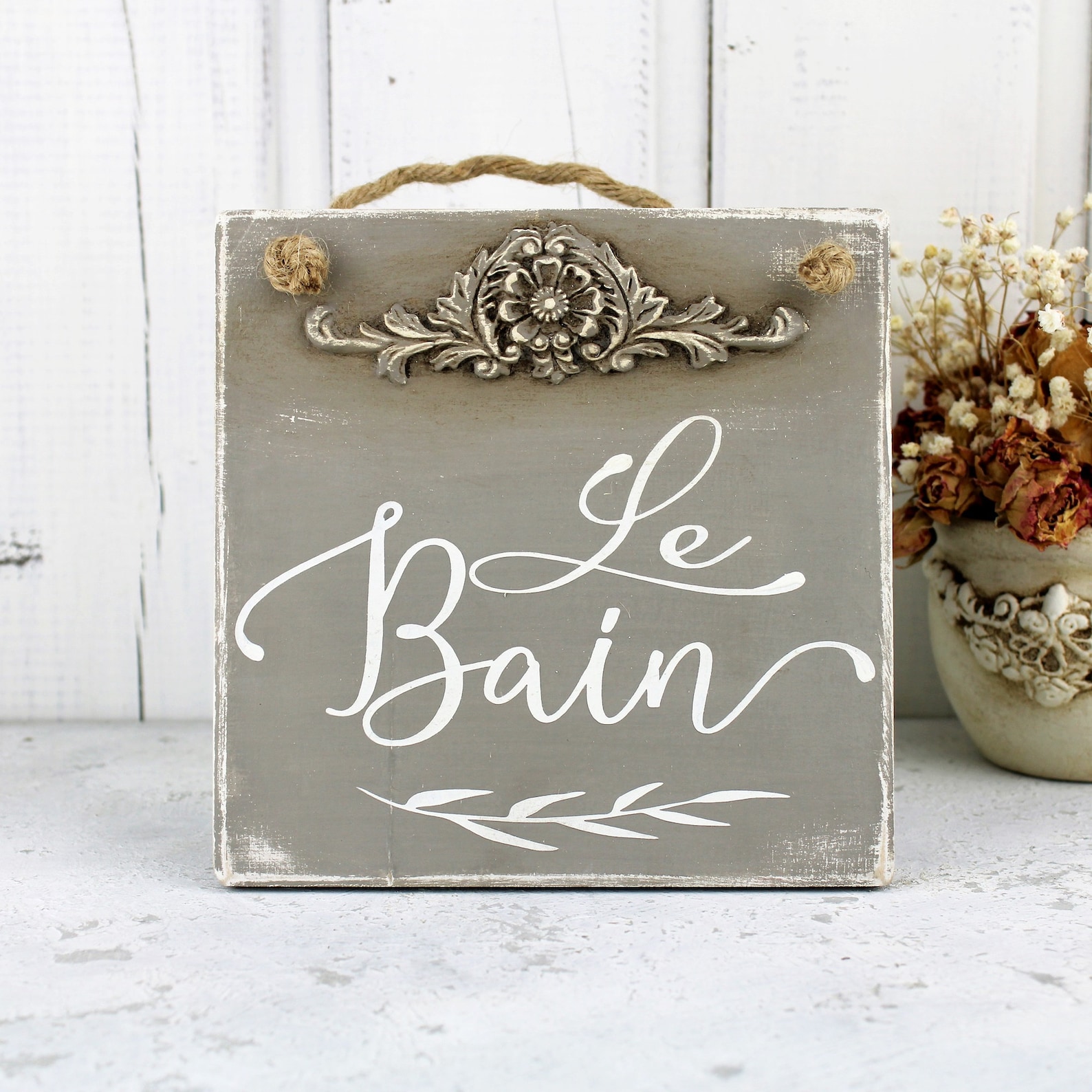 French Bathroom Le Bain Sign, Vintage Farmhouse Wall Decor, Rustic ...
