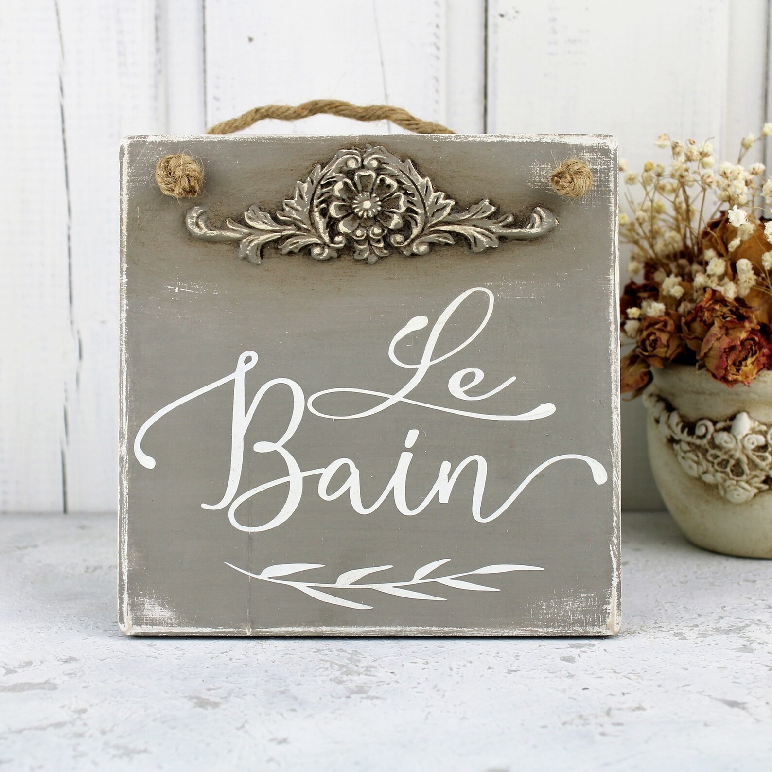 French Bathroom Le Bain Sign, Vintage Farmhouse Wall Decor, Rustic ...