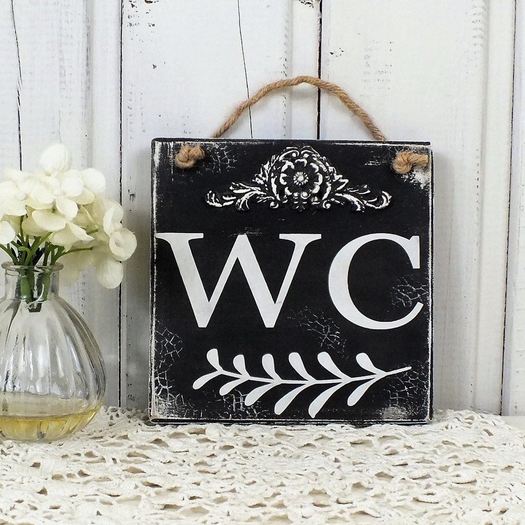 Toilet Door Sign, Vintage Farmhouse Style WC Wood Sign, Black or White ...