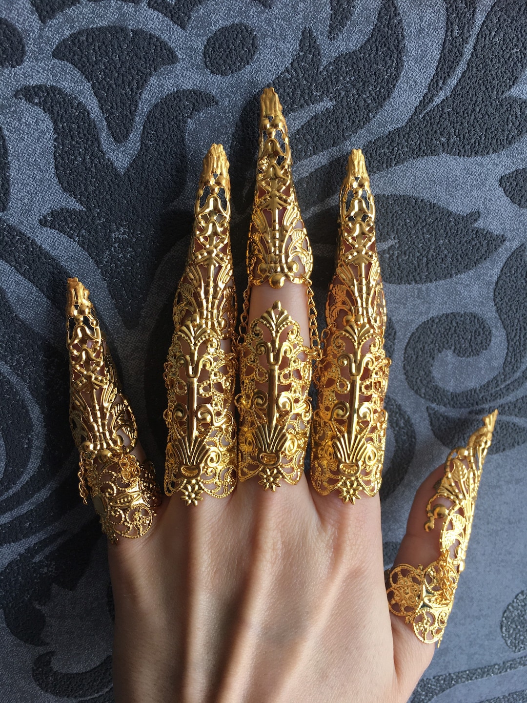 Full Armor Articulated Finger Claws Nails Ring Gold Set Style 2 ...