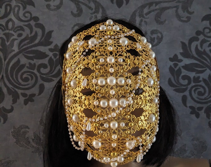 Semi-blind Mask, Gold Metal Lace, Full Face Mask With Pearls and ...
