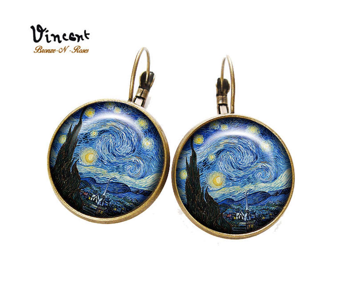 Van Gogh Starry Night Earrings Blue Cabochon Sleepers - Etsy