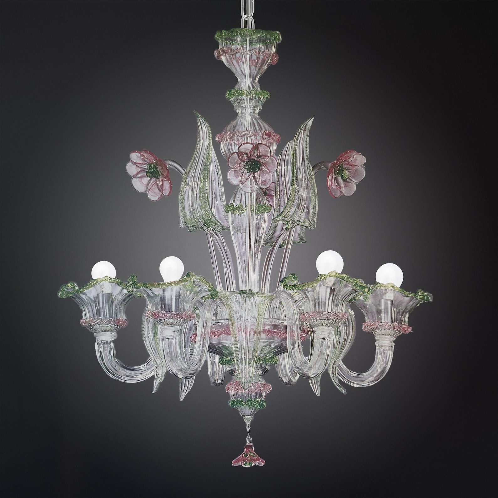 Lustre en verre de Murano • Lustre en verre de Murano vert et rose • 6 ...