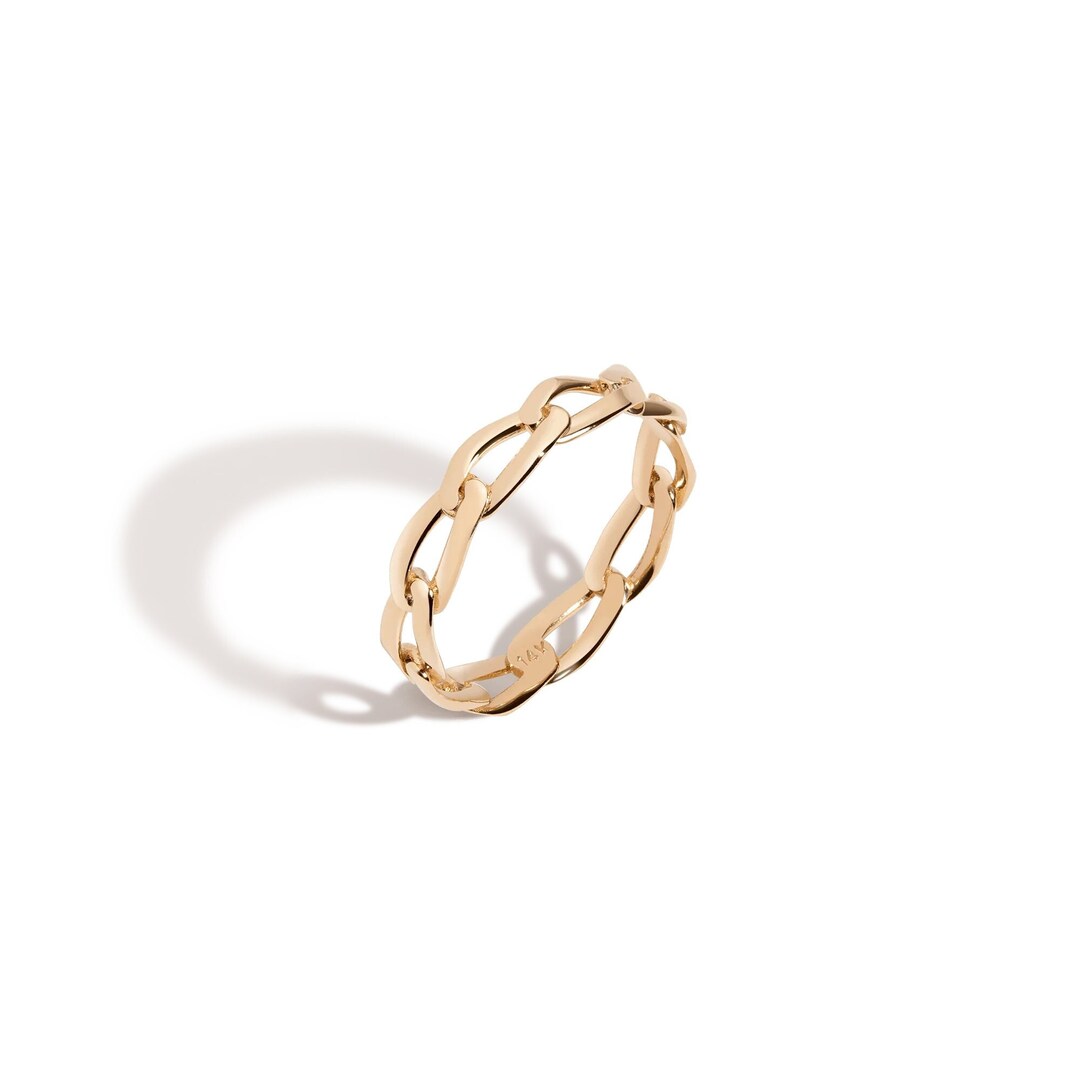 14k Solid Gold Open Link Ring Chain Wedding Ring Women Minimalist Pave ...