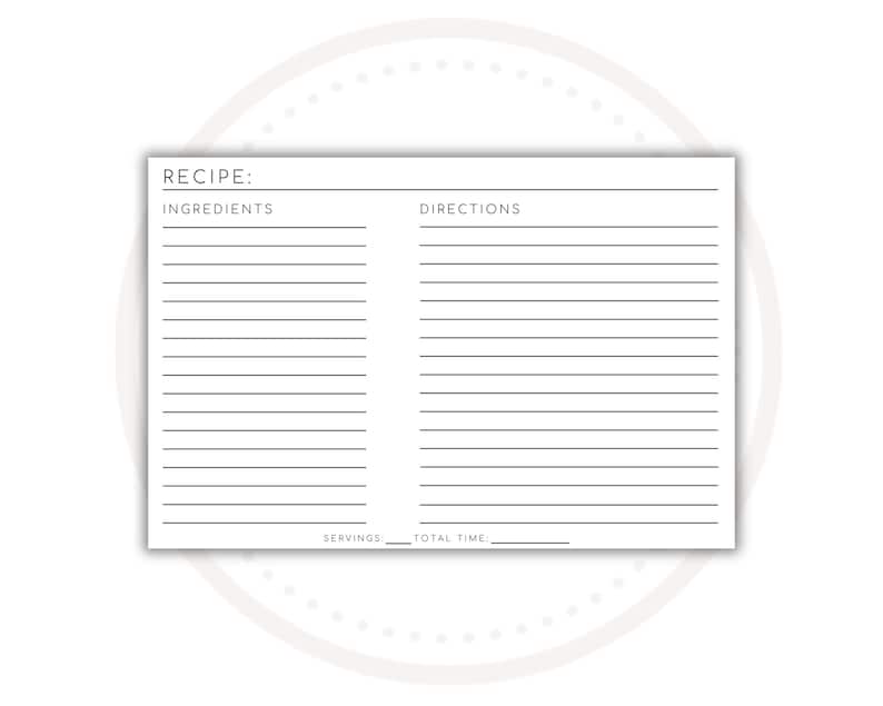 Minimalist Blank Recipe Card Template - Recipe Card Digital Download ...