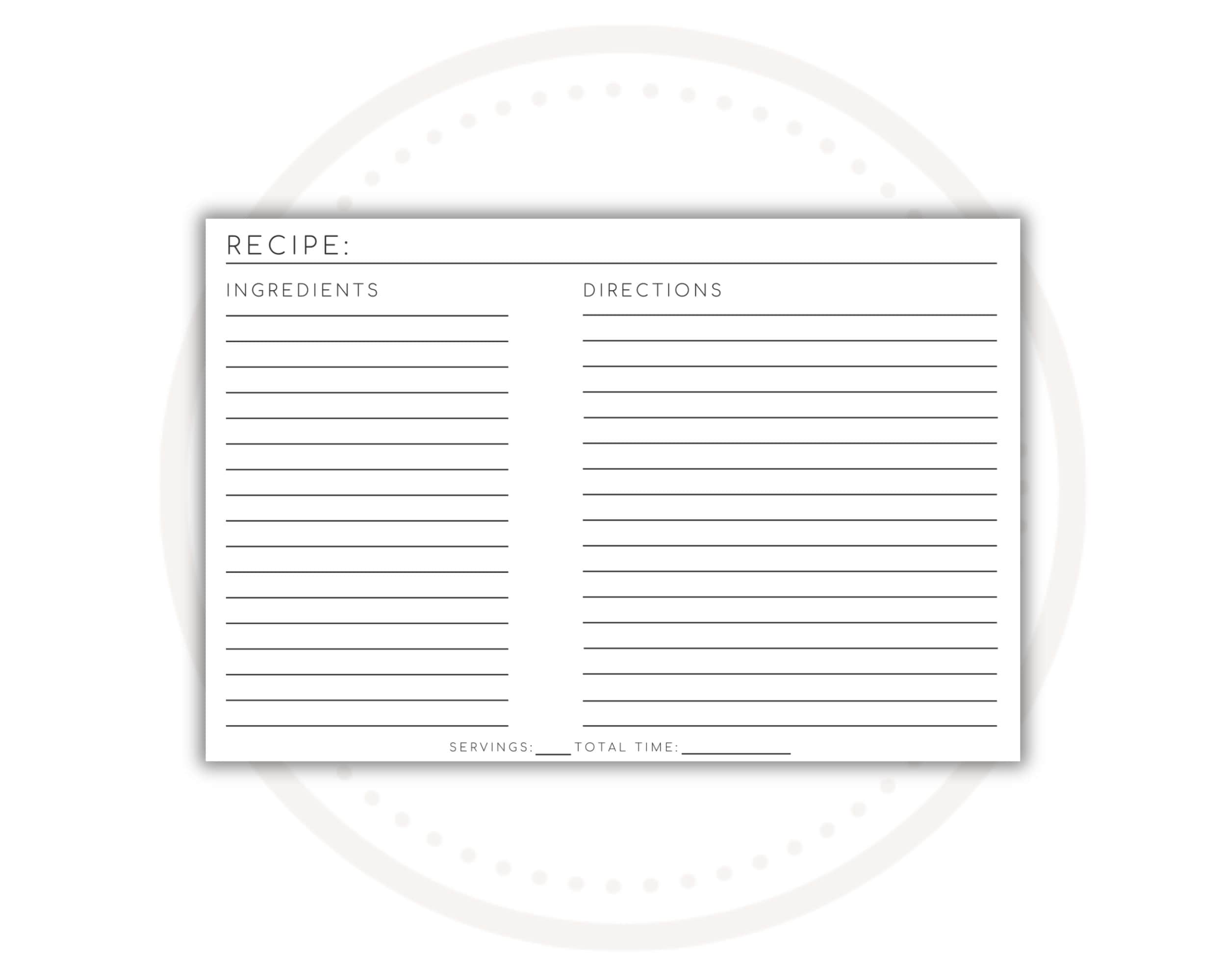 Minimalist Blank Recipe Card Template - Recipe Card Digital Download ...