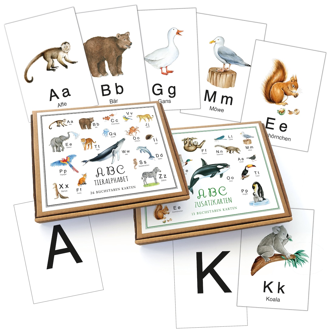 SET: 26 ABC Alphabet Cards 13 Expansion Cards WHITE A6, Back Side With ...
