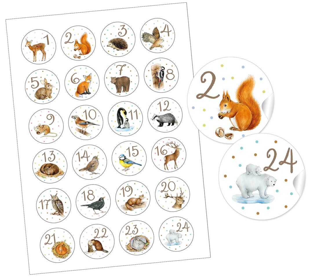 Advent Calendar Numbers FOREST ANIMALS WHITE 1-24 Christmas Stickers ...