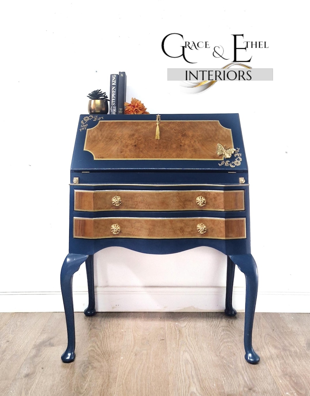 Navy and Gold Bureau, Secretary Desk, Navy Furniture, Walnut Desk ...