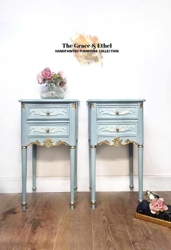French Refurbished Blue Ornate Bedside Cabinets Etsy