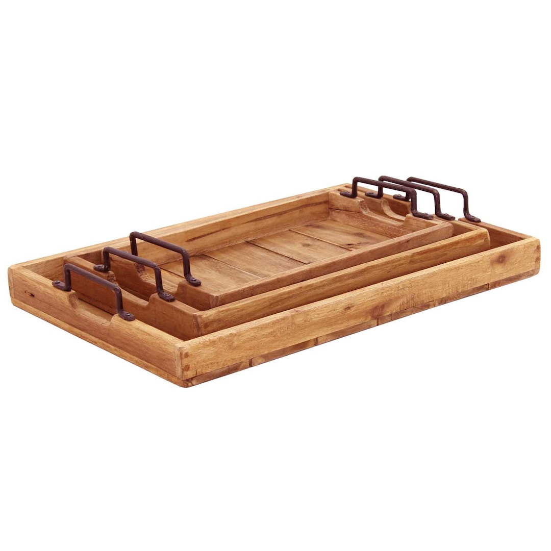 Teak Tray Gloria Set of 3 Made of Recycled Teak Wood With Metal Handle ...