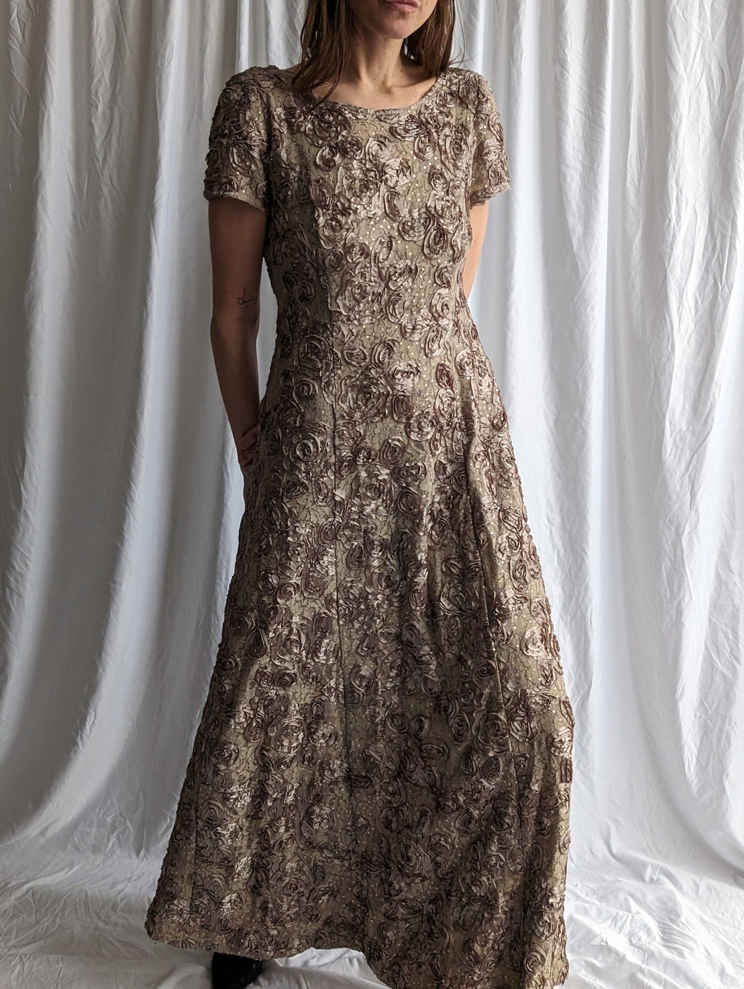 Vintage Brown Lace Rose Dress - Stunning for Weddings or Special ...