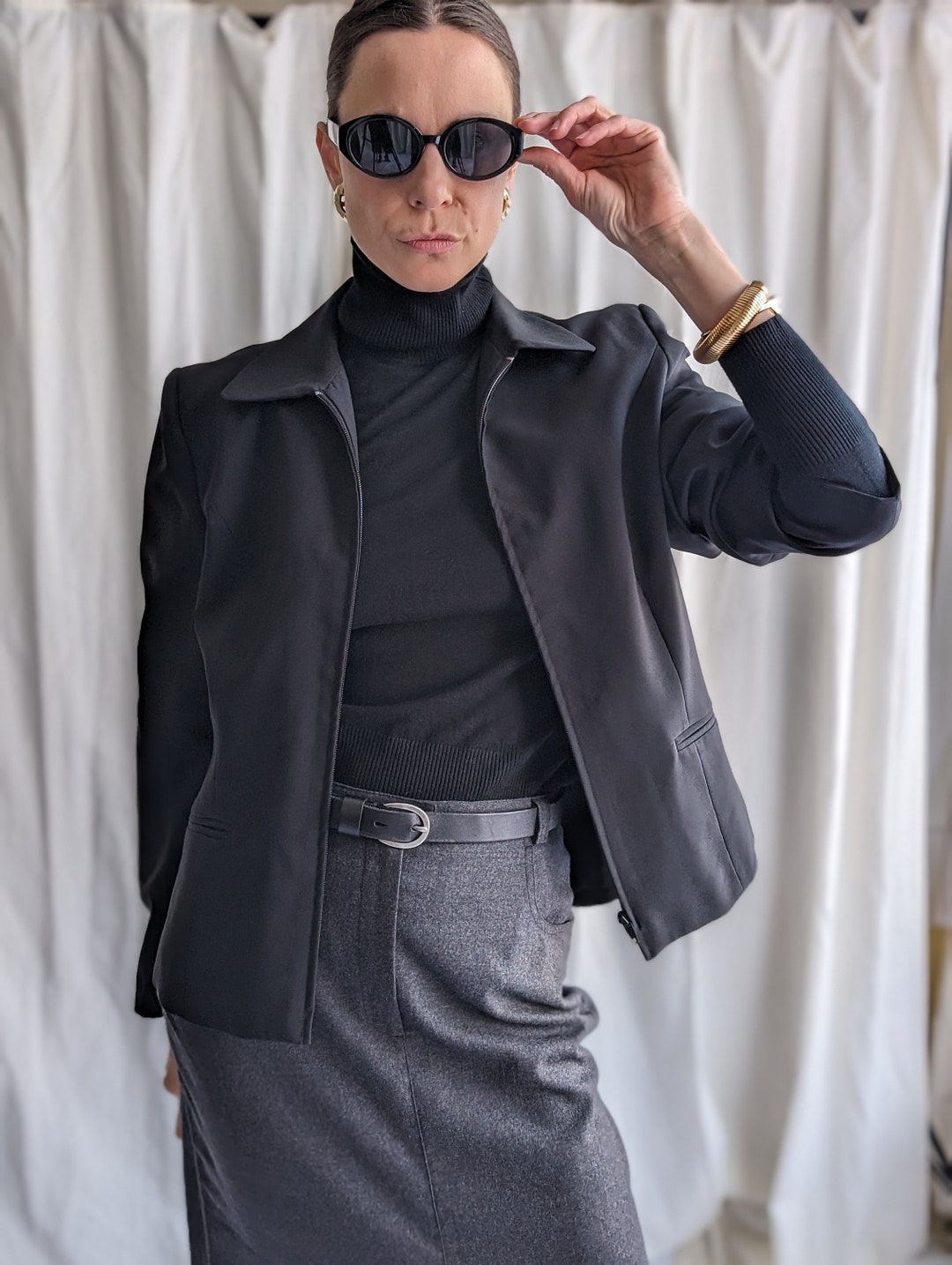 Women's Vintage Black Collared Zip Jacket - Etsy Sweden