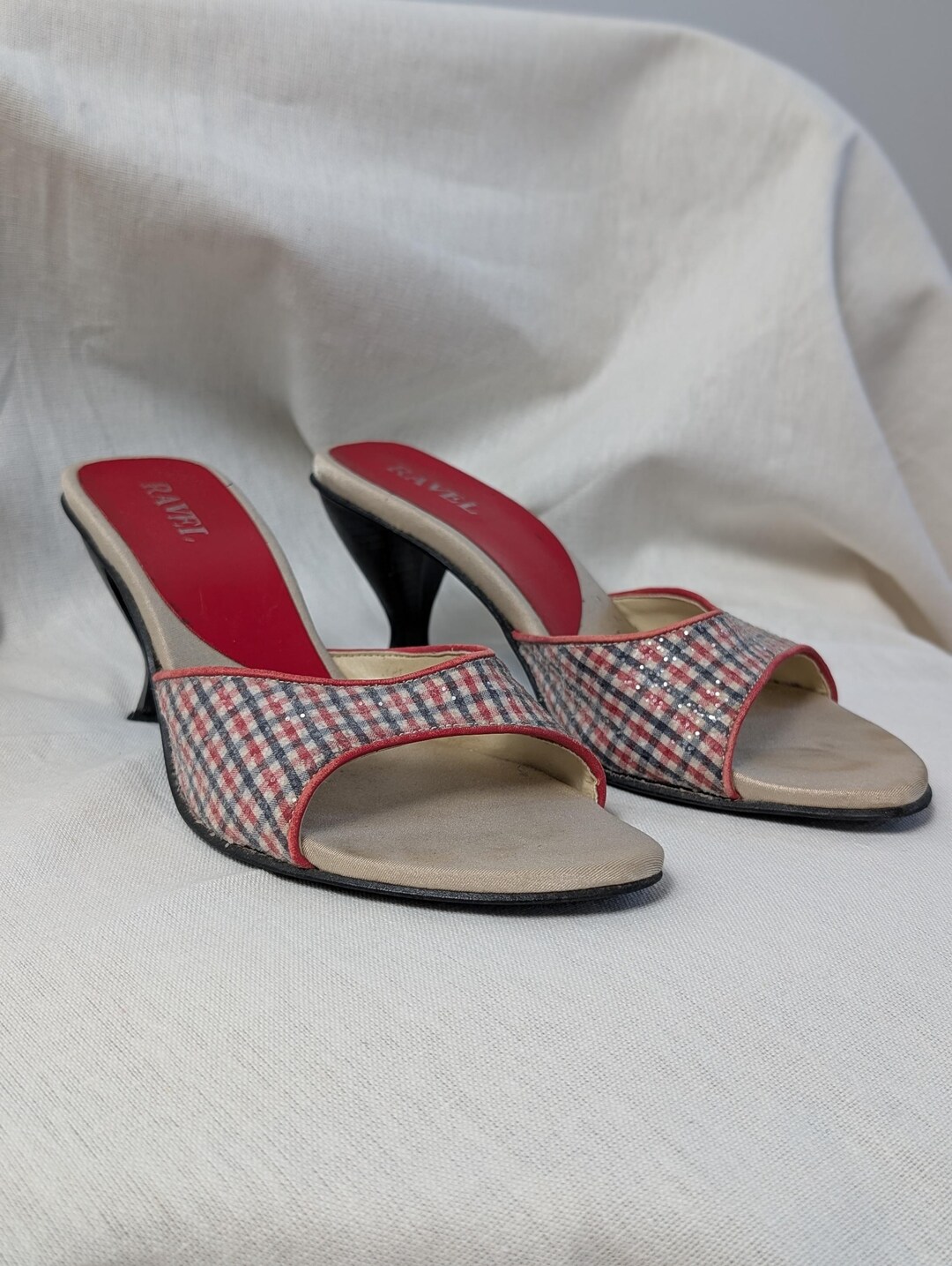 Vintage Ravel Gingham Sequin Mules – Red & Navy Check Open-toe Heels ...