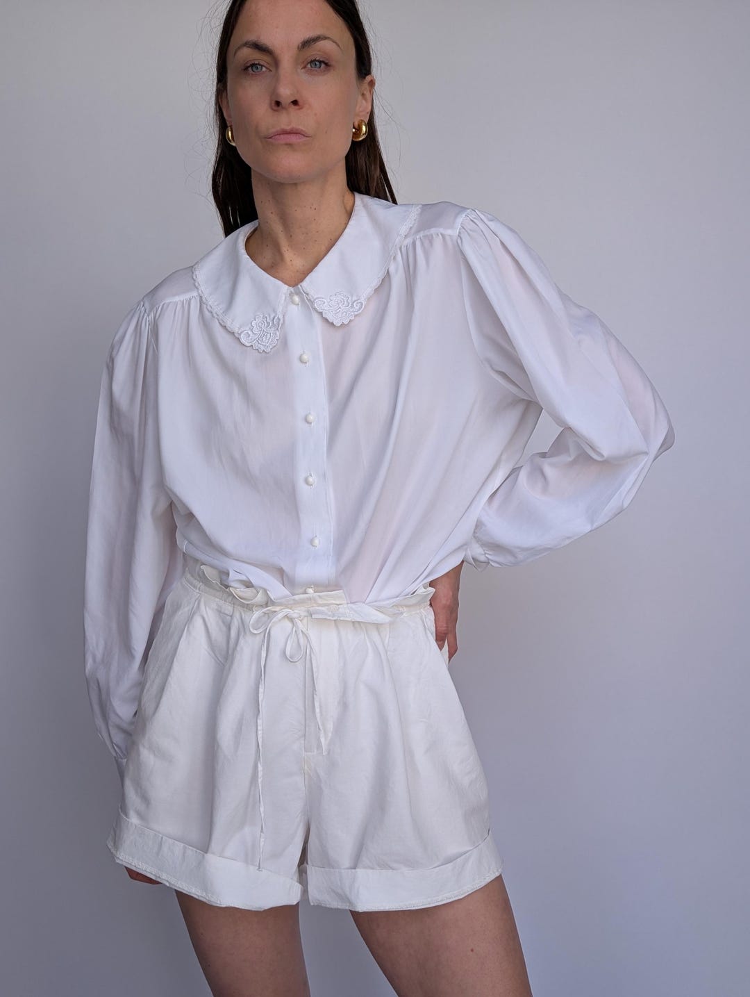 Vintage White Platter Collar Blouse for Women, Elegant Long Sleeve Top ...