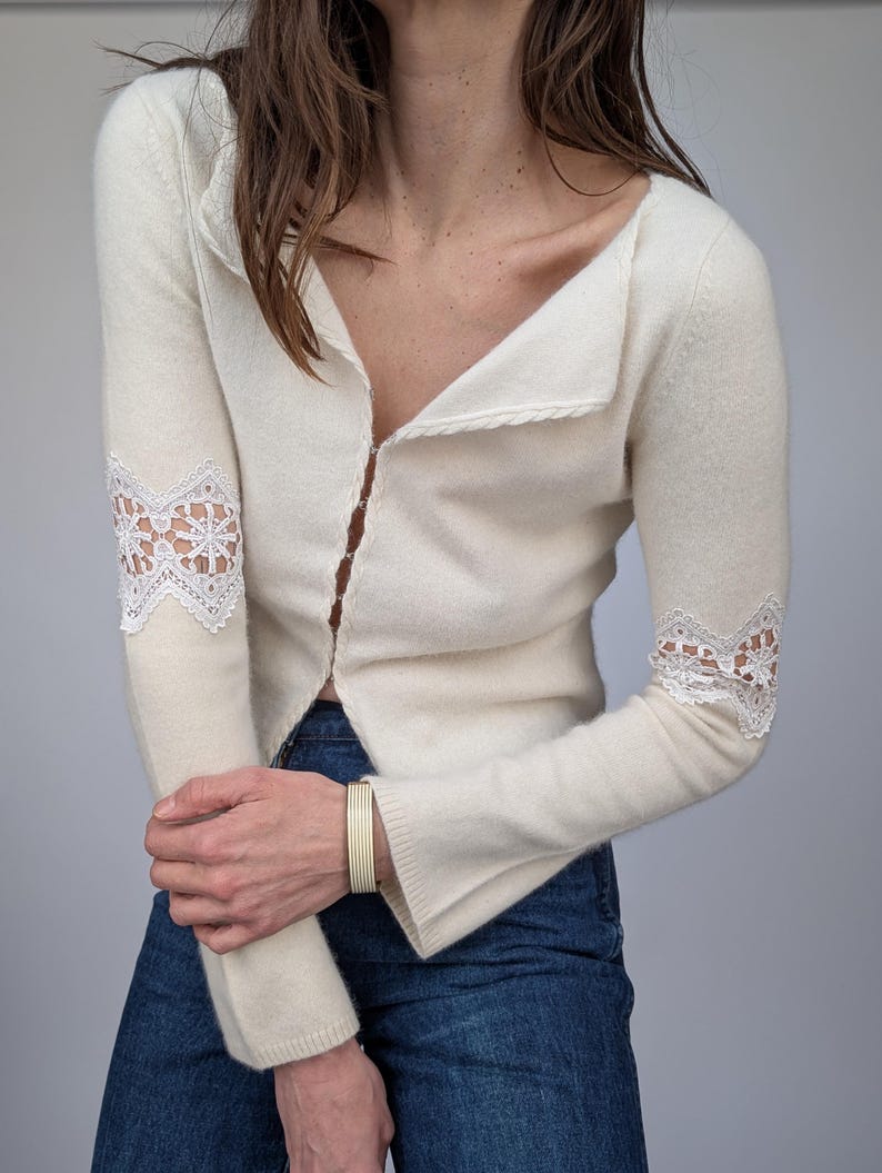 Women's Vintage 90s Cream Angora Wool Cardigan With Lace Sleeve Details ...