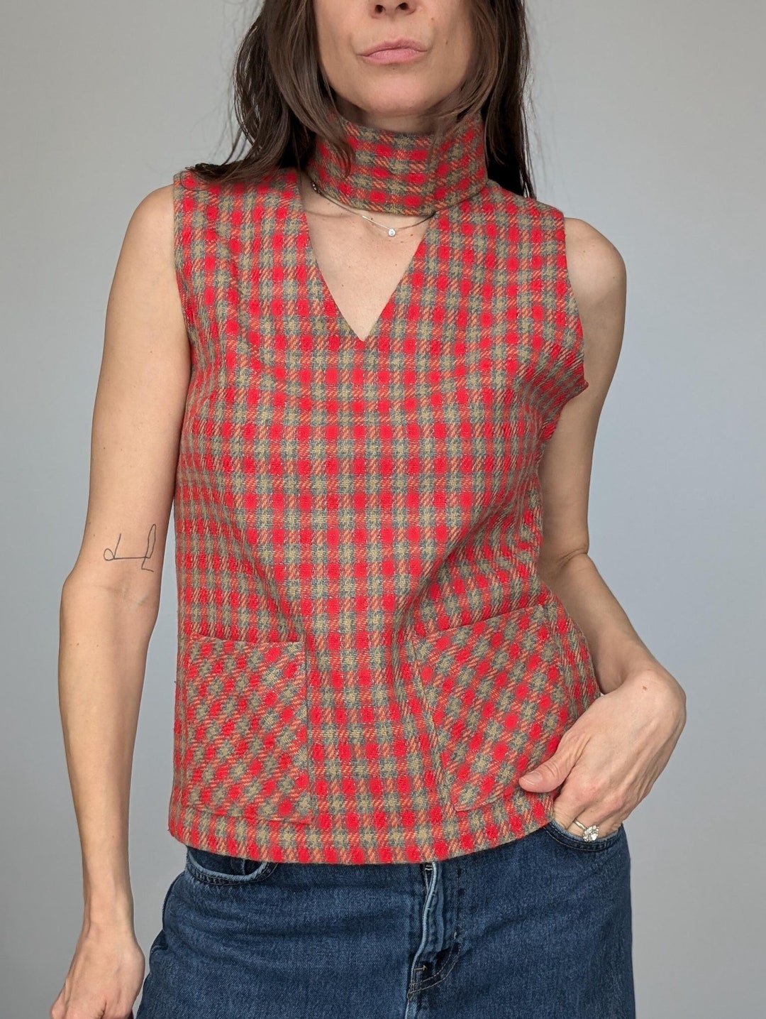 Women's Red Wool Check Vest Waistcoat Vintage - Etsy