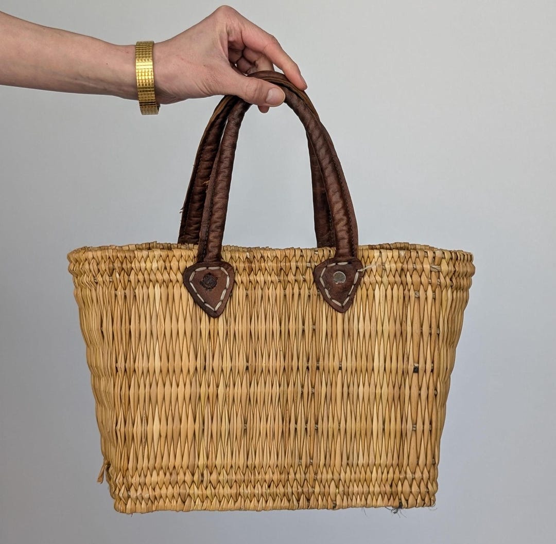 Woven Rectangular Straw Basket Bag With Leather Handles - Handmade ...