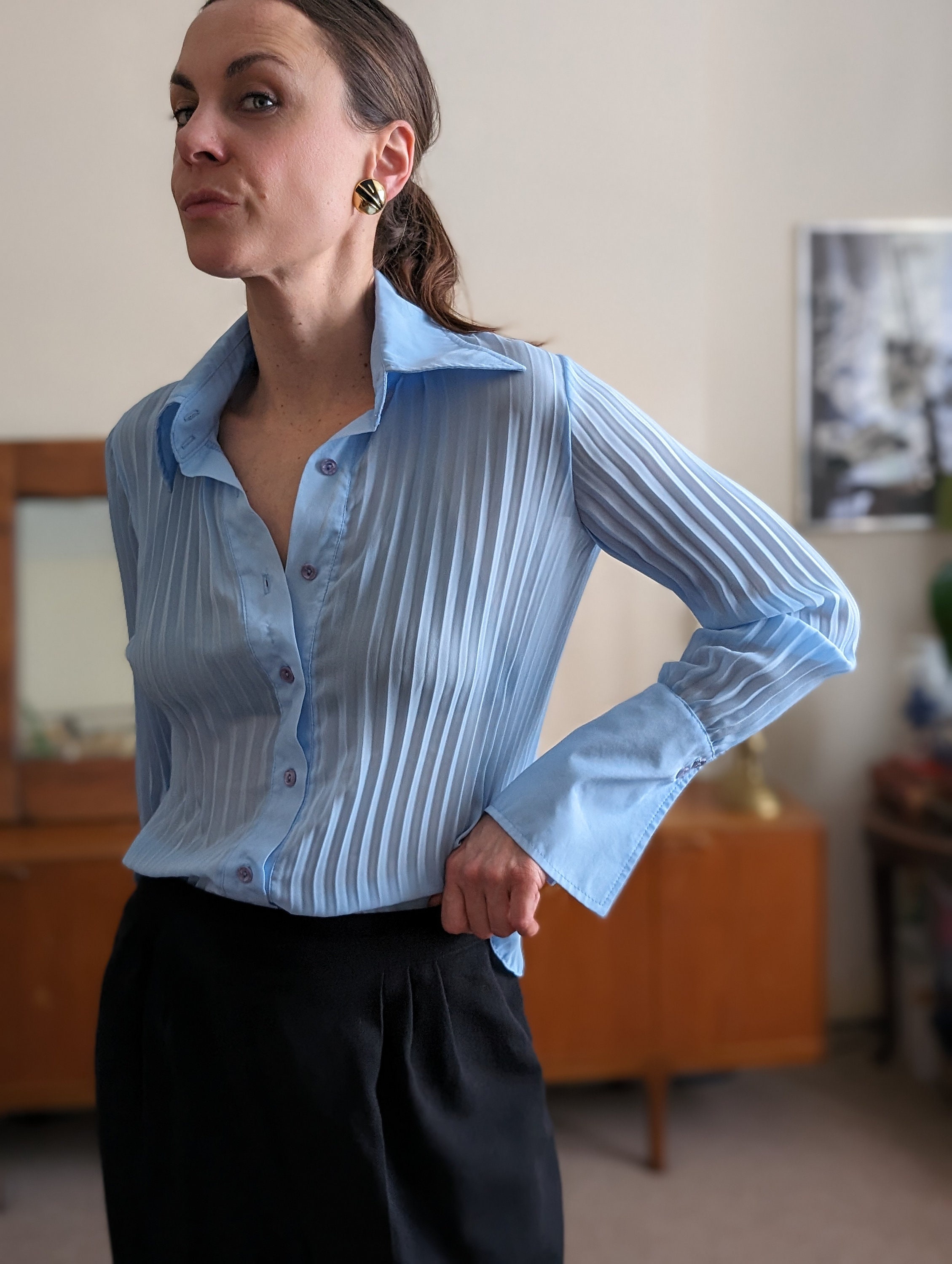 Elegant Retro Blue Sheer Blouse Sophisticated Women's Style - Etsy