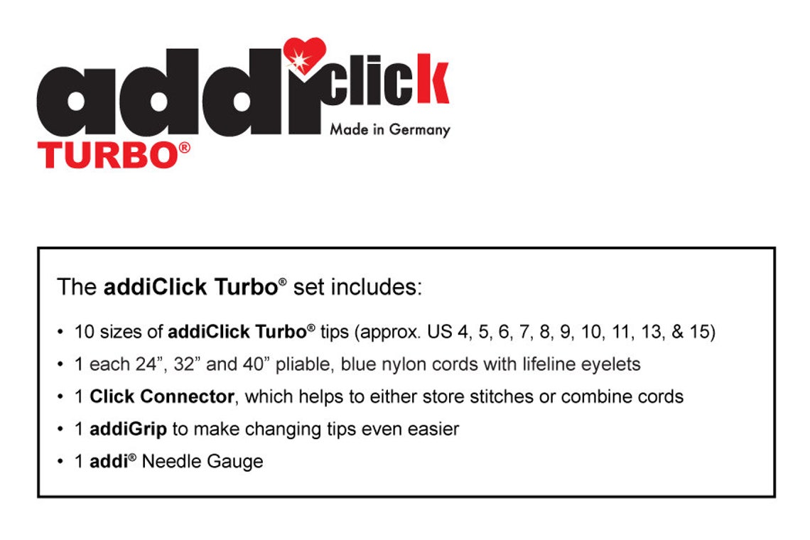 Addi, Turbo, Basic, Click, Tip, Set, US 4 - 15, 5.5", Length, Hollow ...