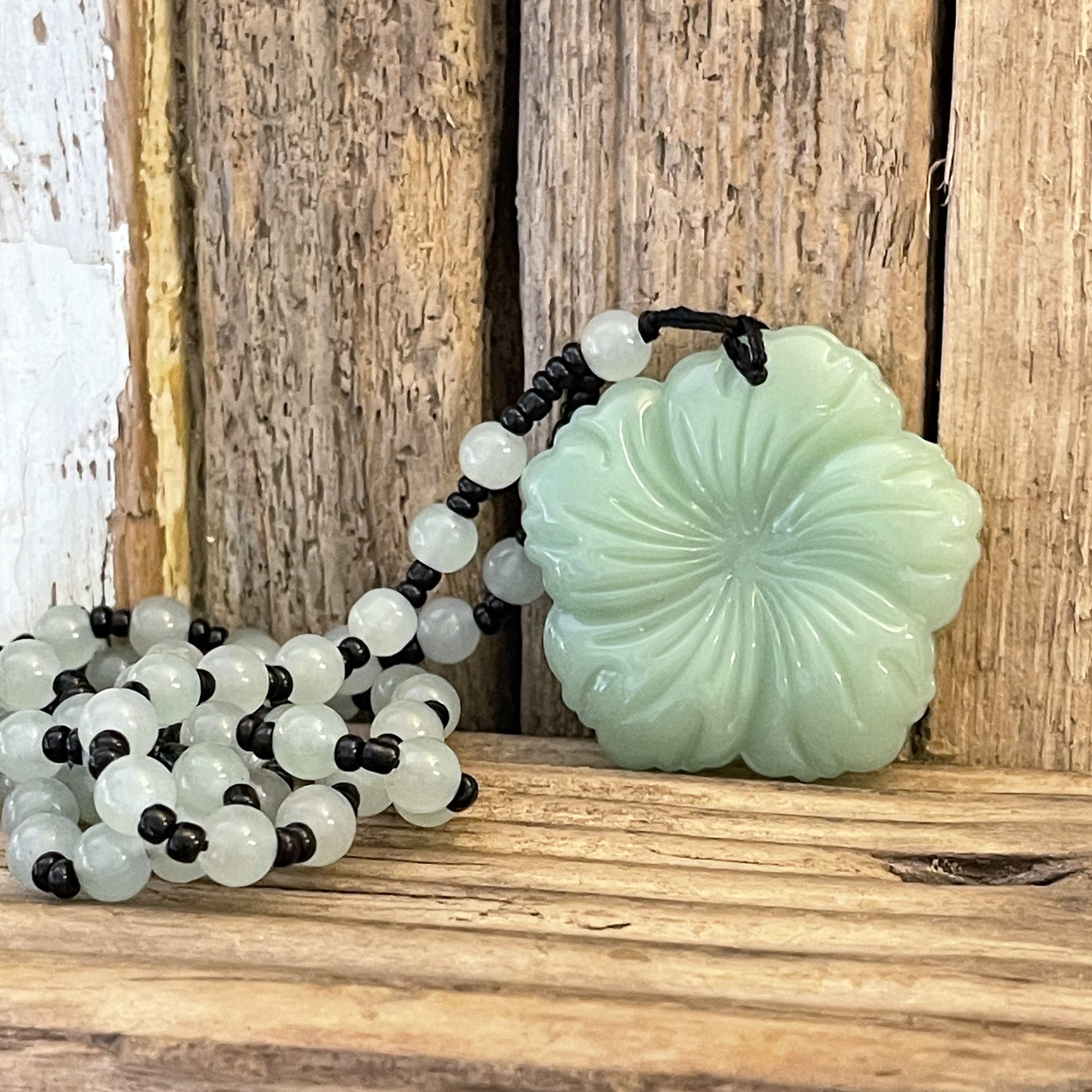 Buy Green Jade Lotus Flower Pendant Long Natural Beaded Stone Necklace ...