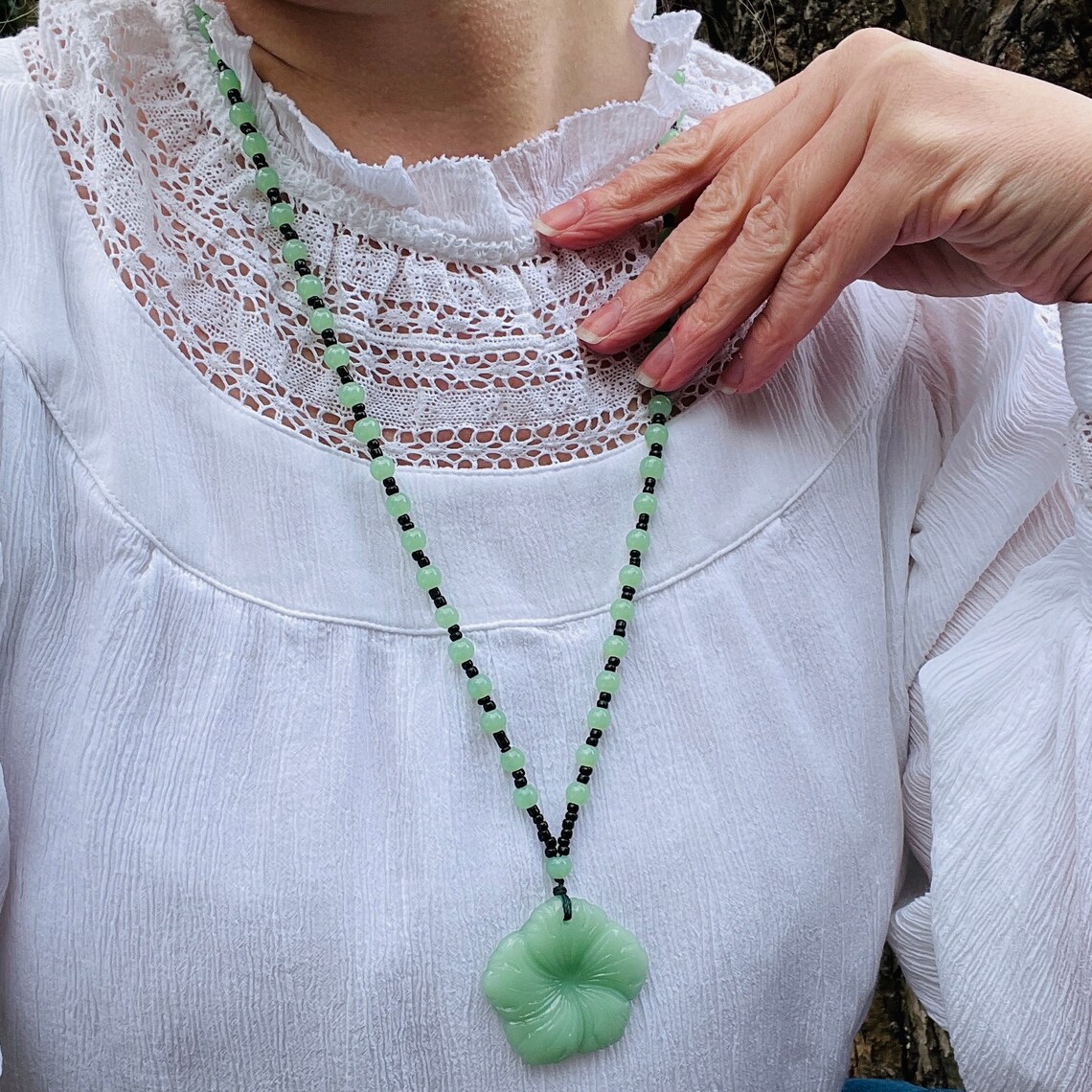 Green Jade Lotus Flower Pendant Long Natural Beaded Stone - Etsy India