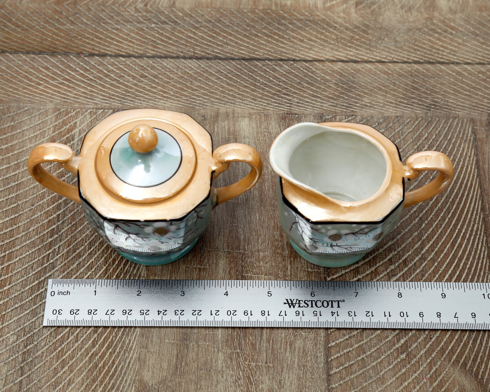 Peach and Teal Cherry Blossom Lusterware Sugar Bowl and Creamer Set ...