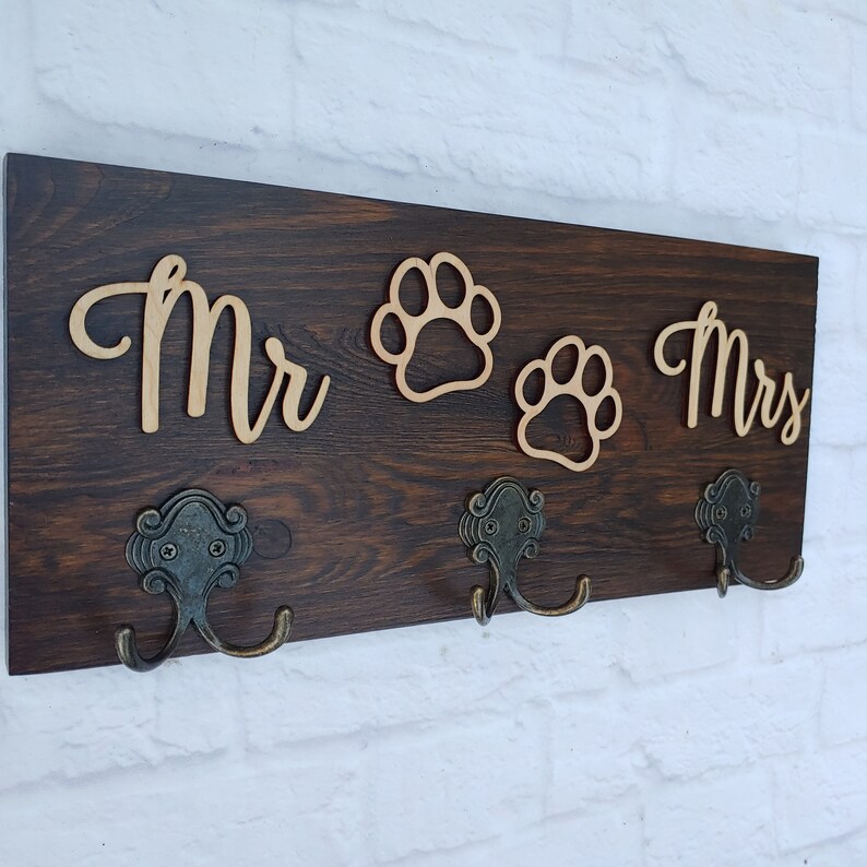Mr Mrs Paws Key Holder for Wall, Wooden Leash Holder, Double Hooks His ...