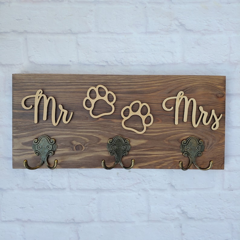 Mr Mrs Paws Key Holder for Wall, Wooden Leash Holder, Double Hooks His ...