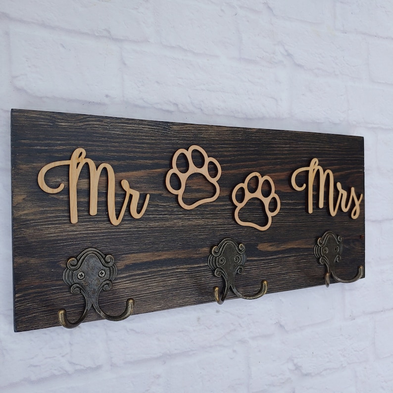 Mr Mrs Paws Key Holder for Wall, Wooden Leash Holder, Double Hooks His ...