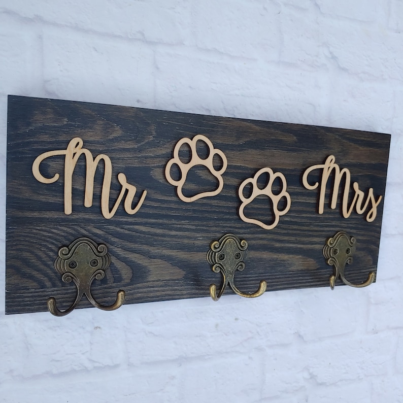 Mr Mrs Paws Key Holder for Wall, Wooden Leash Holder, Double Hooks His ...