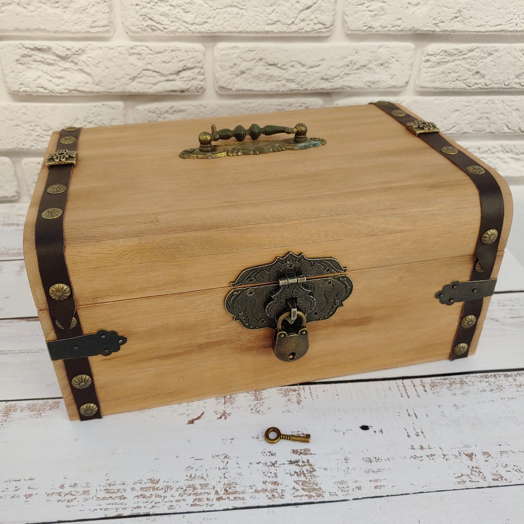 Treasure Chest With Padlock and Key, Walnut Keepsake Chest With Handle ...