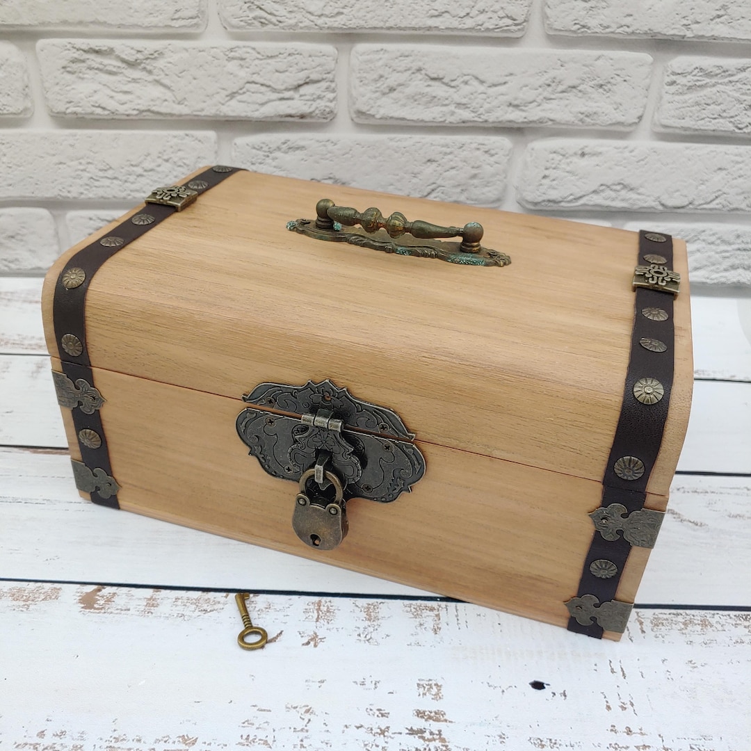Treasure Chest With Padlock and Key, Walnut Keepsake Chest With Handle ...