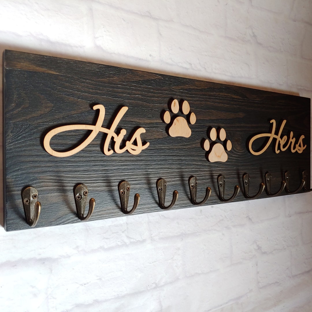 Black His Hers Paw Key Hooks, Dog Leash Holder, Personalized Wooden Key ...