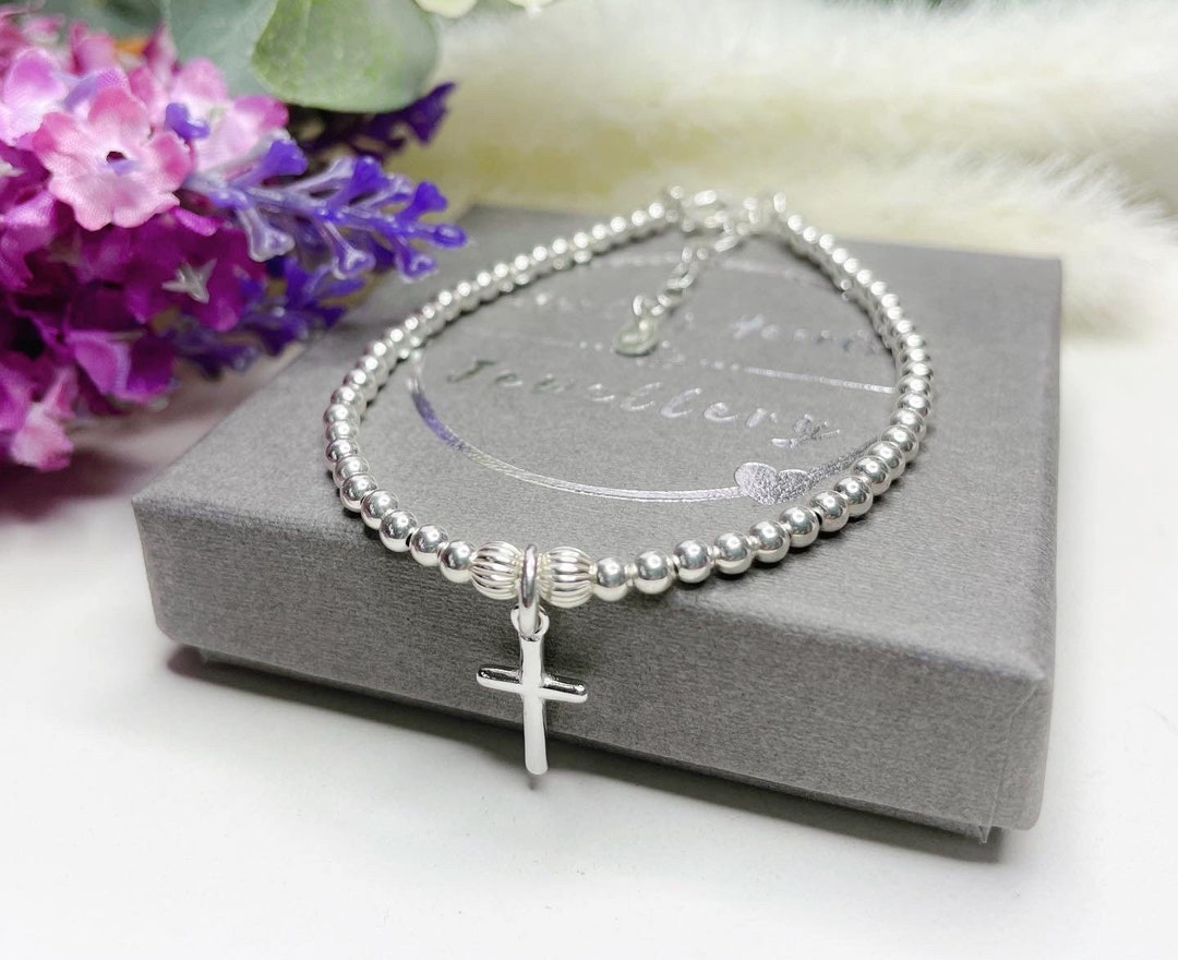 Dainty Sterling Silver Cross Charm Bracelet, Stacking Faith Bracelet ...