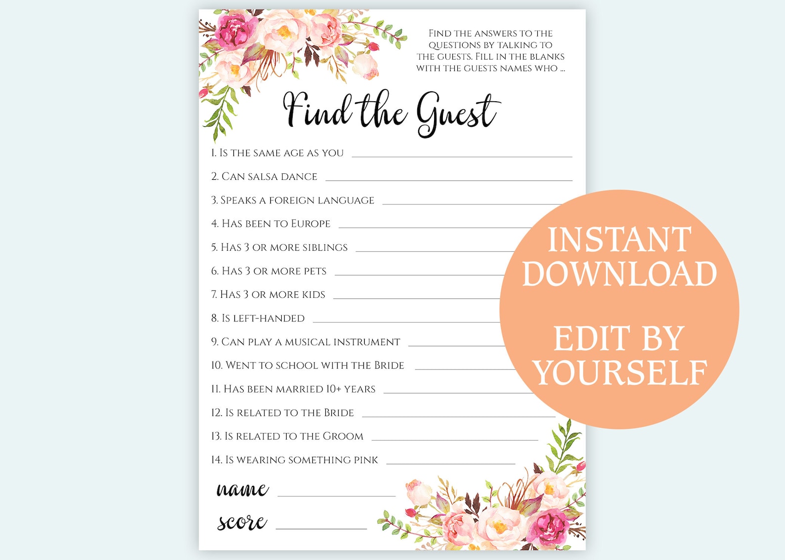 EDITABLE Find the Guest Game Printable Peonies Bridal Shower Games ...