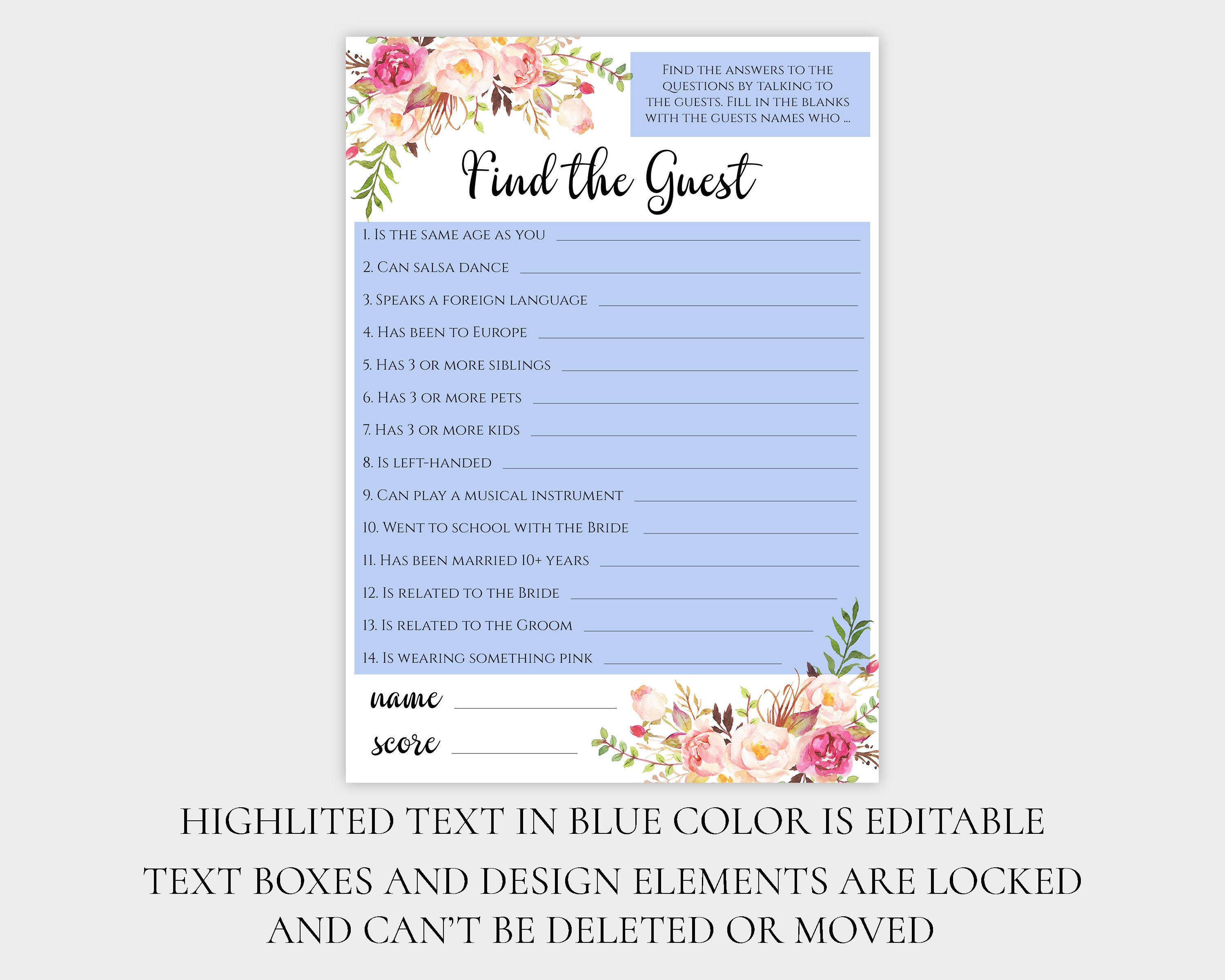 EDITABLE Find the Guest Game Printable Peonies Bridal Shower Games ...