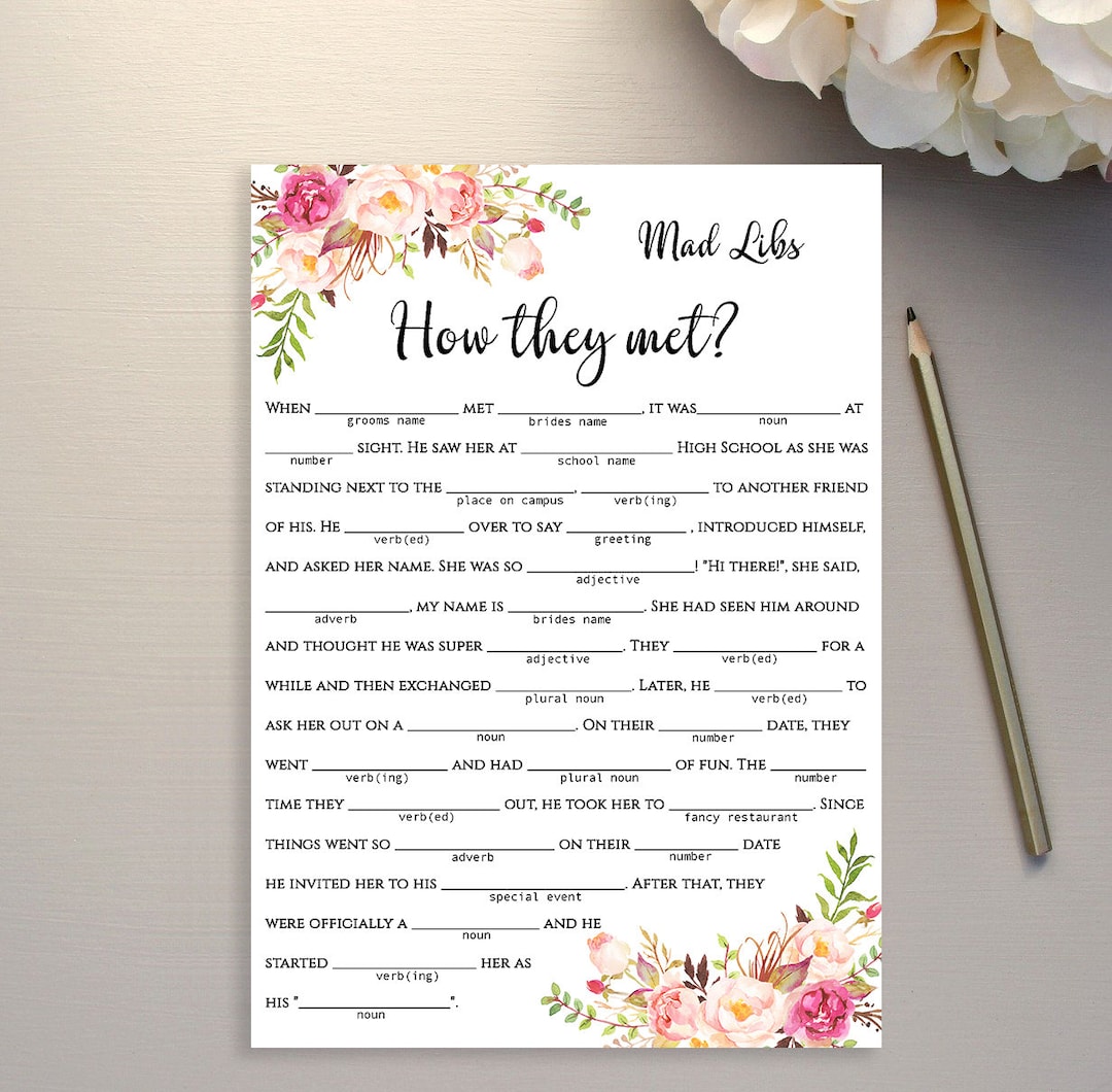Wedding Mad Libs Printable Funny how They Met Story Game Card Template ...