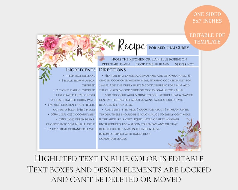 Editable Recipe Cards 5x7 Personlaized Recipe Card Template for Bridal ...