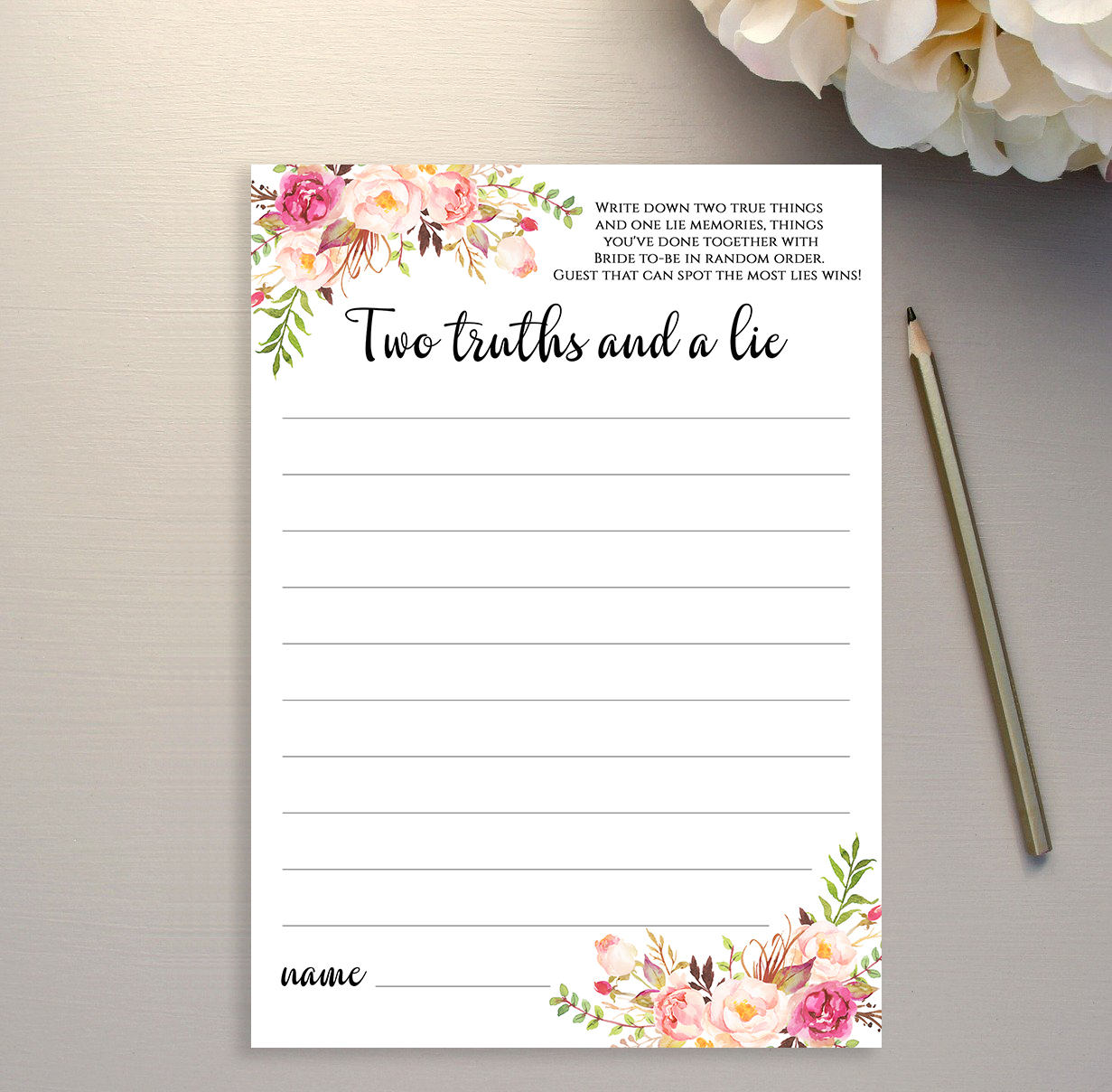 Two Truths and a Lie Game Template Floral Two Truths One Lie Printable ...