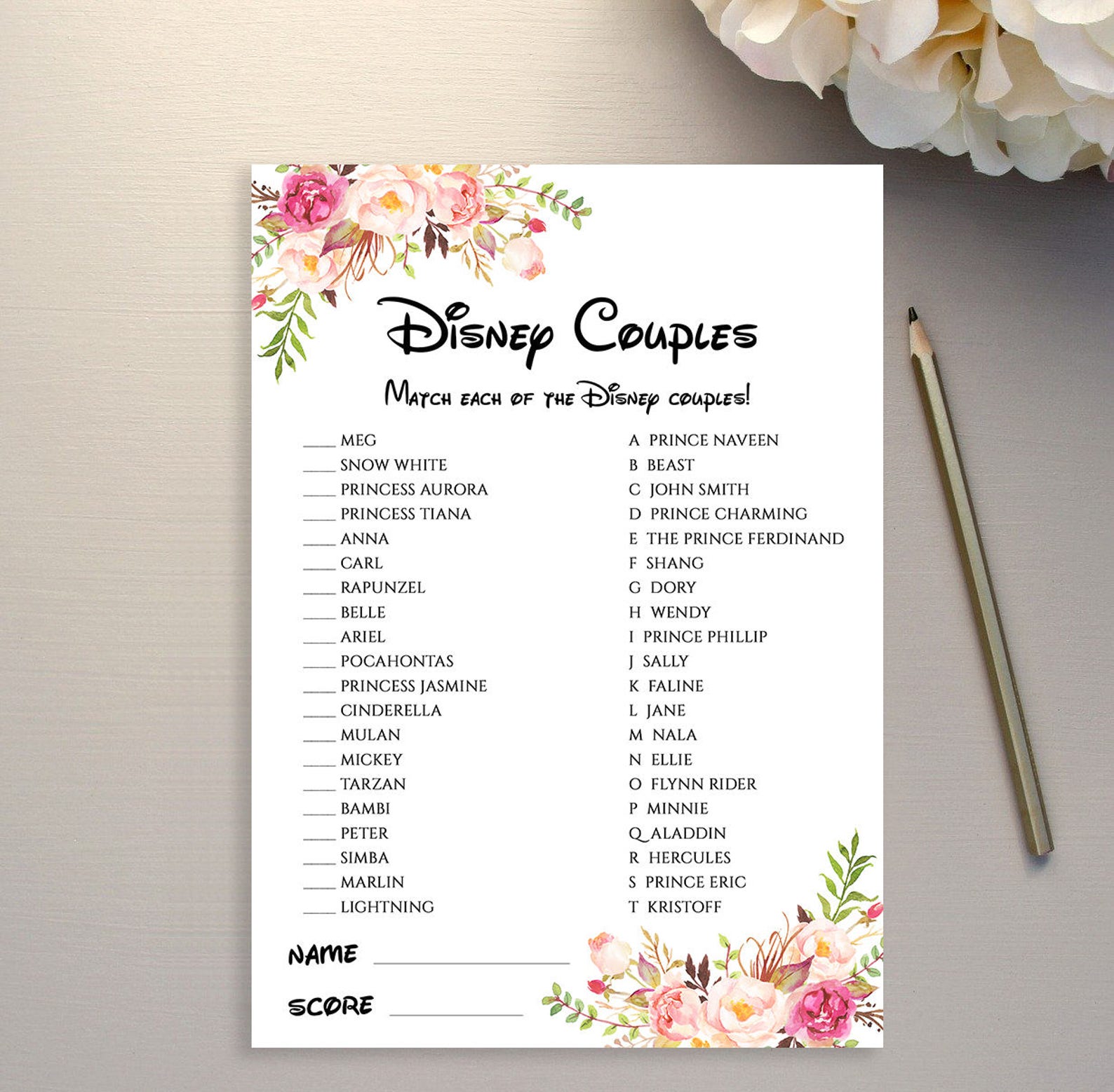 Disney Couple Game Printable Matching Disney Couples Bridal - Etsy