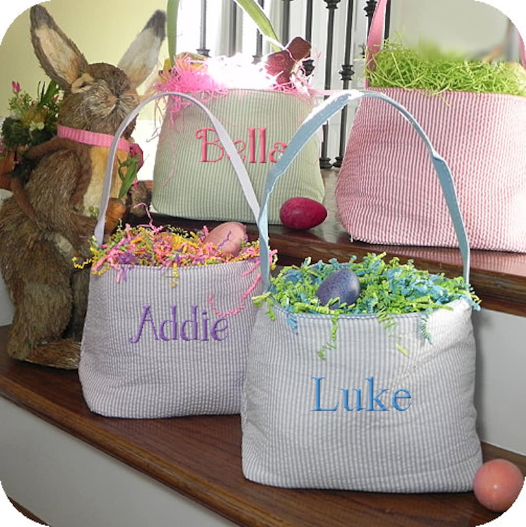 Personalized Seersucker Easter Baskets | Embroidered Easter Baskets | Monogrammed Easter Baskets ...