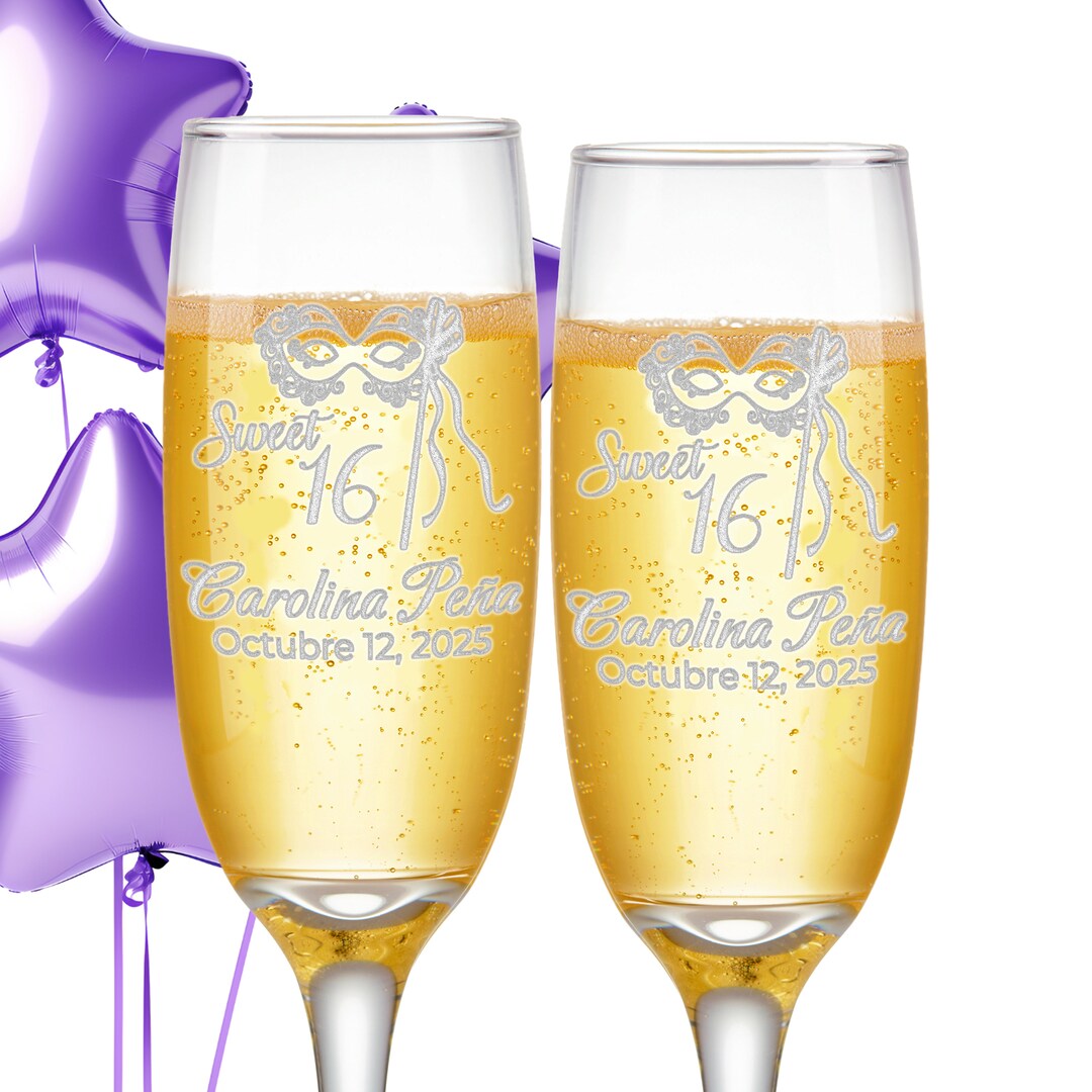 Custom Engraved Sweet 16 Champagne Flutes - Whimsical Mask Design - Set ...