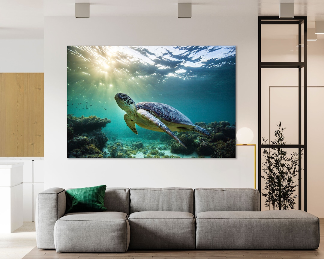 Green Sea Turtle Decor for Wall, Sea Turtle Modern Art for Home, Sea ...