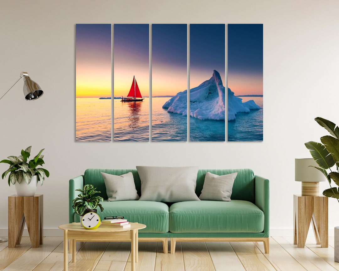 Red Boat Print Canvas, Icebergs Wall Decor for Home, Greenland Picture ...