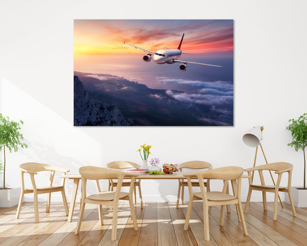 Airplane at Sunset Large Decor for Wall, Passenger Plane Flying in Sky ...