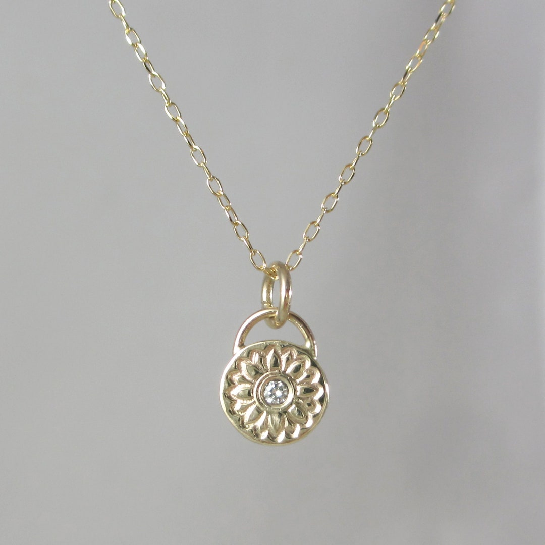Diamond Sunflower Charm * 14k Gold and Natural Diamond Handmade Pendant ...